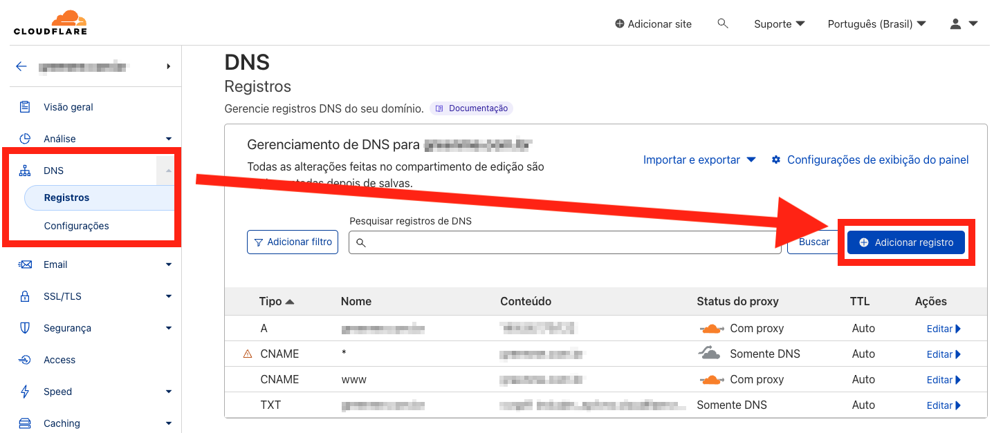 Como criar registro CNAME e TXT no DNS da Cloudflare