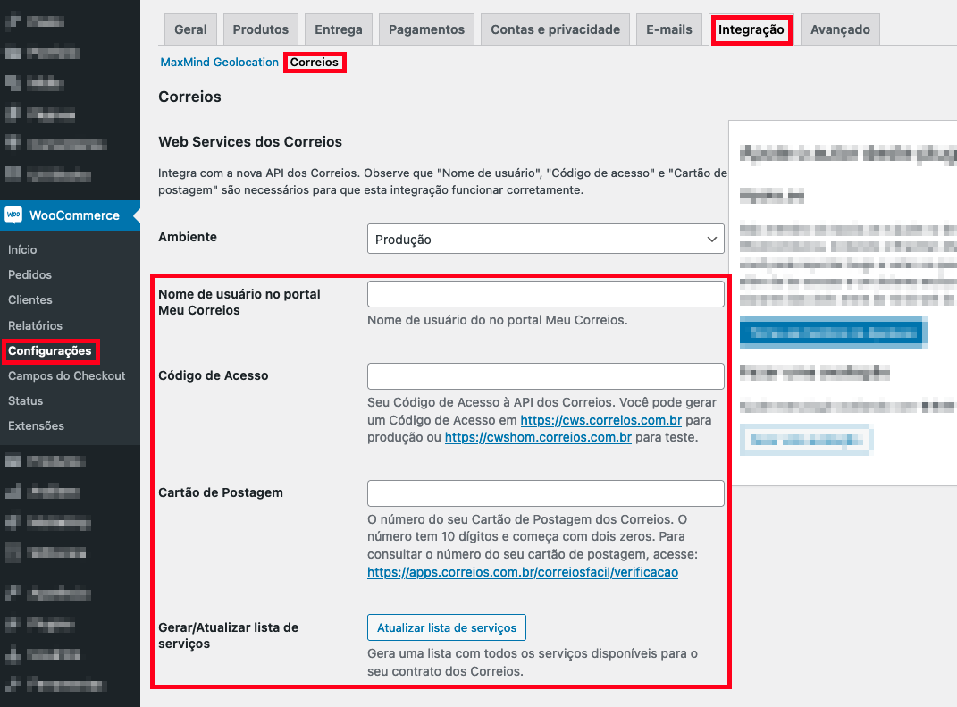 Como configurar nova API dos Correios no Woocommerce